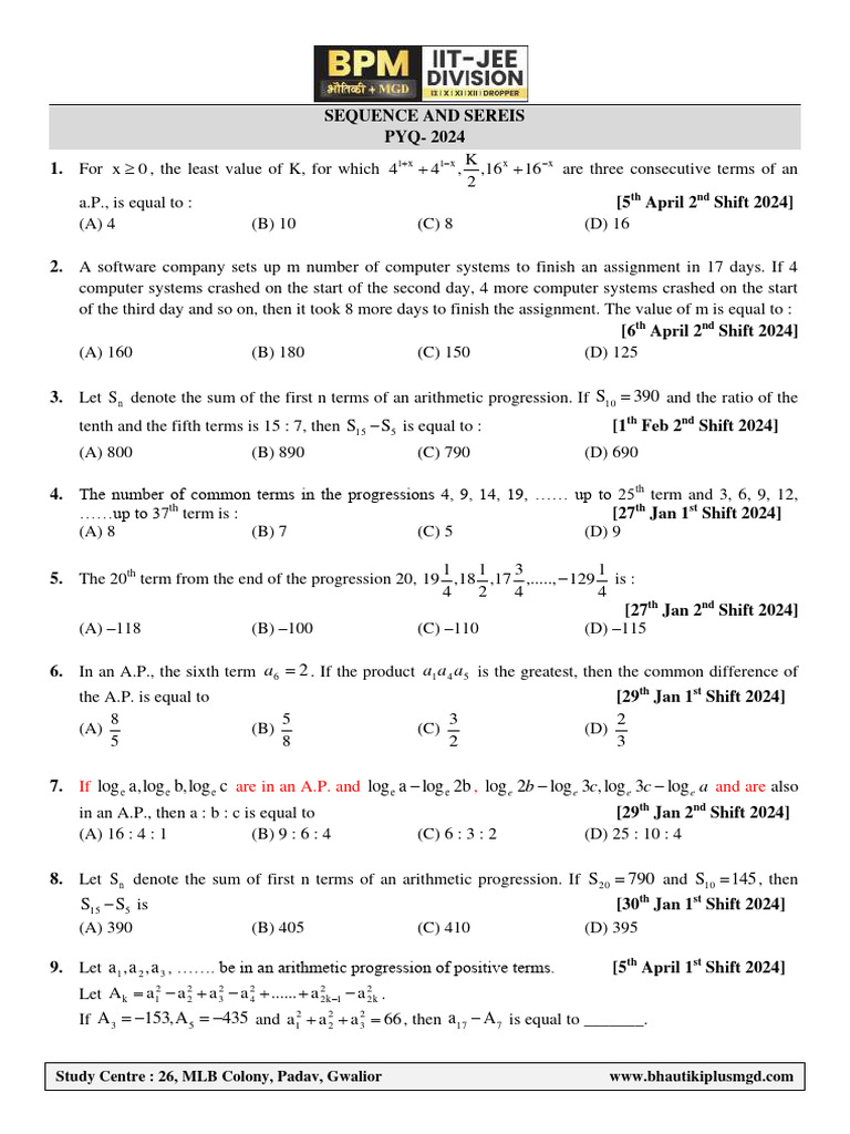 Sequence and Series PYQ 2024 | PDF | Algebra | Discrete Mathematics