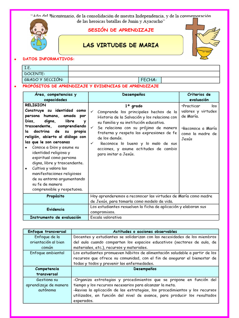 1º U2 S5 Sesion D2 Religion Las Virtudes de Maria Maestras de Primaria Del Peru | PDF | María ...