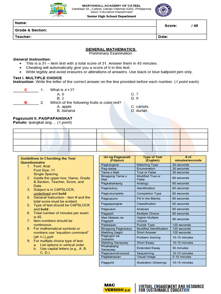 Test Questionnaire (TQ) | PDF | Multiple Choice