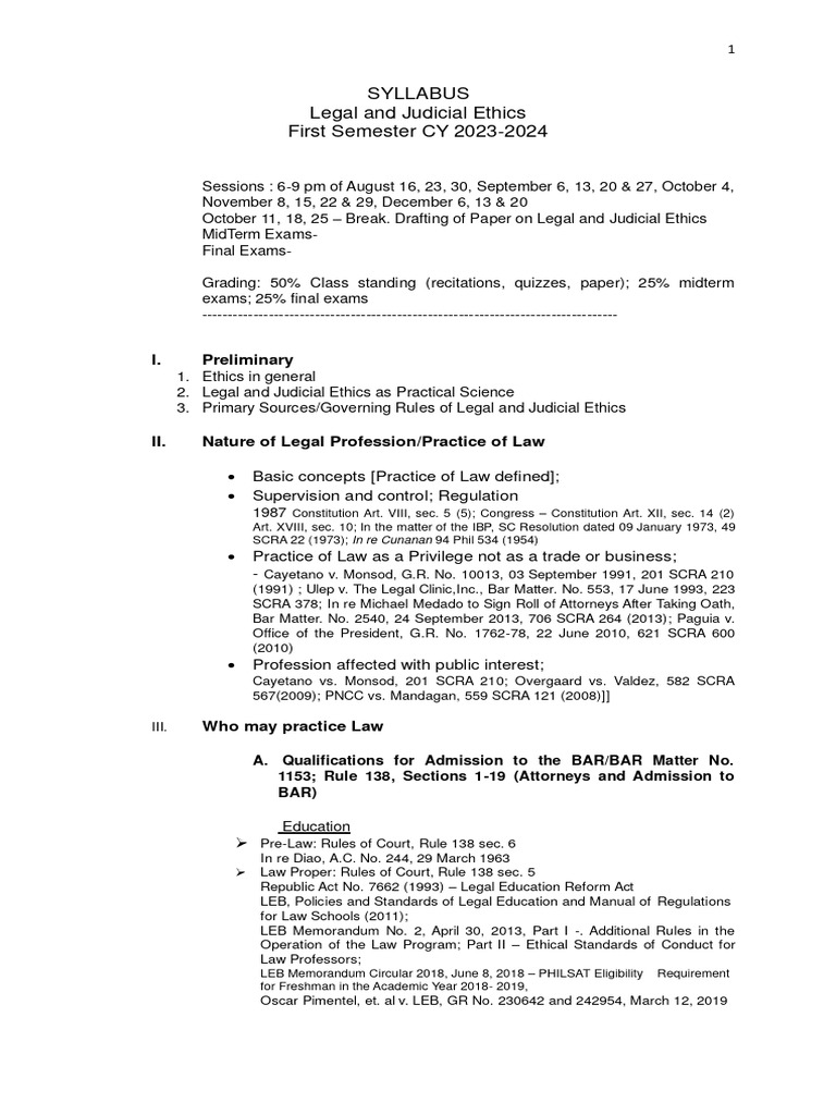 Basic Legal and Judicial Ethics Syllabus | PDF | Lawyer | Conflict Of ...