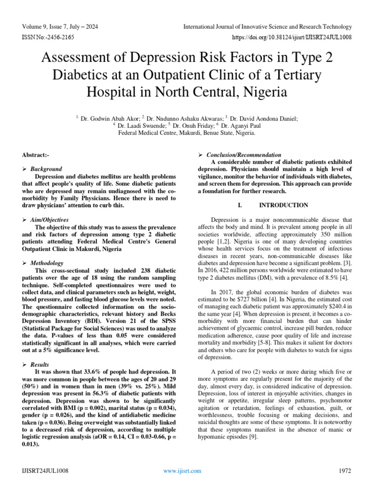 Assessment of Depression Risk Factors in Type 2 Diabetics at An ...