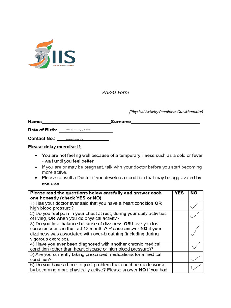 PAR-Q Form for Physical Activity Readiness | PDF | Chronic Condition ...