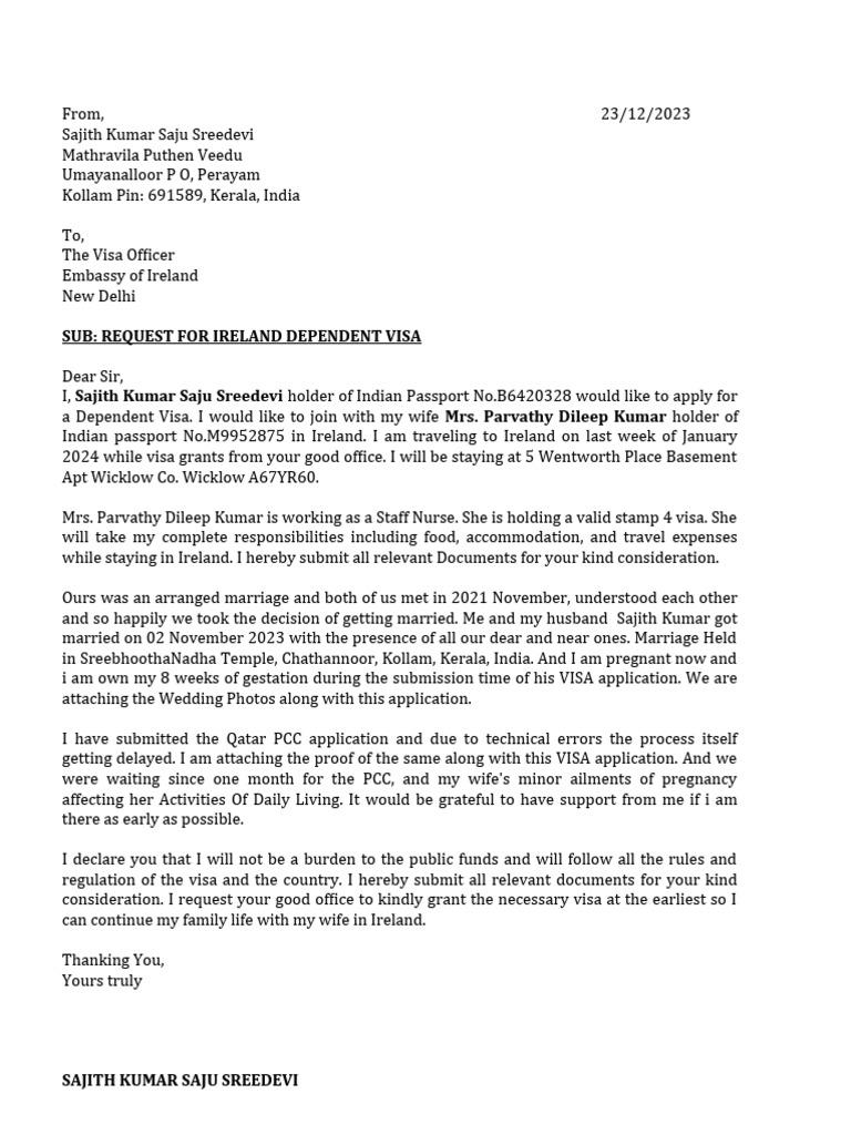 Covering Letter Ireland Dependent Visa | PDF