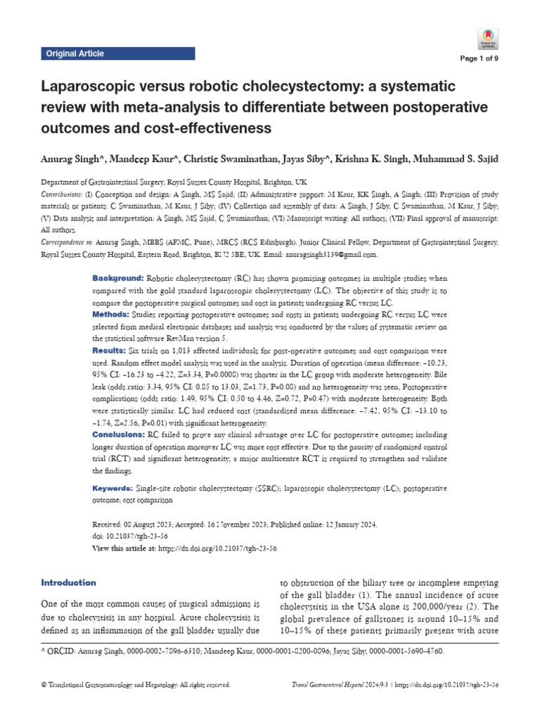 Laparoscopic Versus Robotic Cholecystectomy A Syst Pdf Meta Analysis Surgery