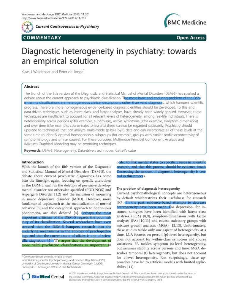Diagnostic Heterogeneity in Psychiatry: Towards An Empirical Solution ...