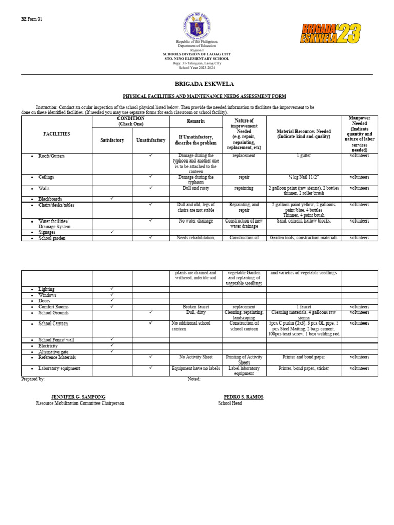 BE-Form-1-PHYSICAL-FACILITIES-AND-MAINTENANCE-NEEDS-ASSESSMENT-FORM 2023 | PDF