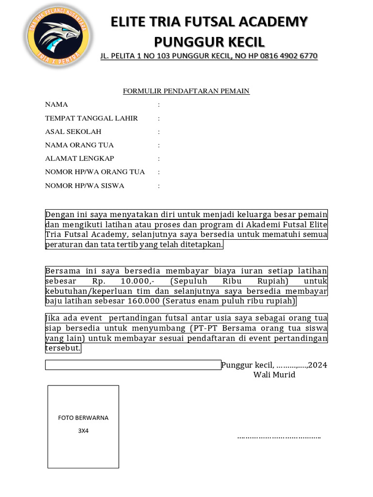 Formulir Pendaftaran Pemain Akademi Futsal | PDF