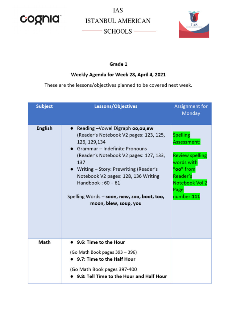 Grade 1 Weekly Agenda | PDF