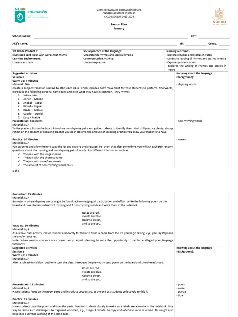 1st Grade Rhyming Lesson Plan | PDF | Letter Case | Poetry