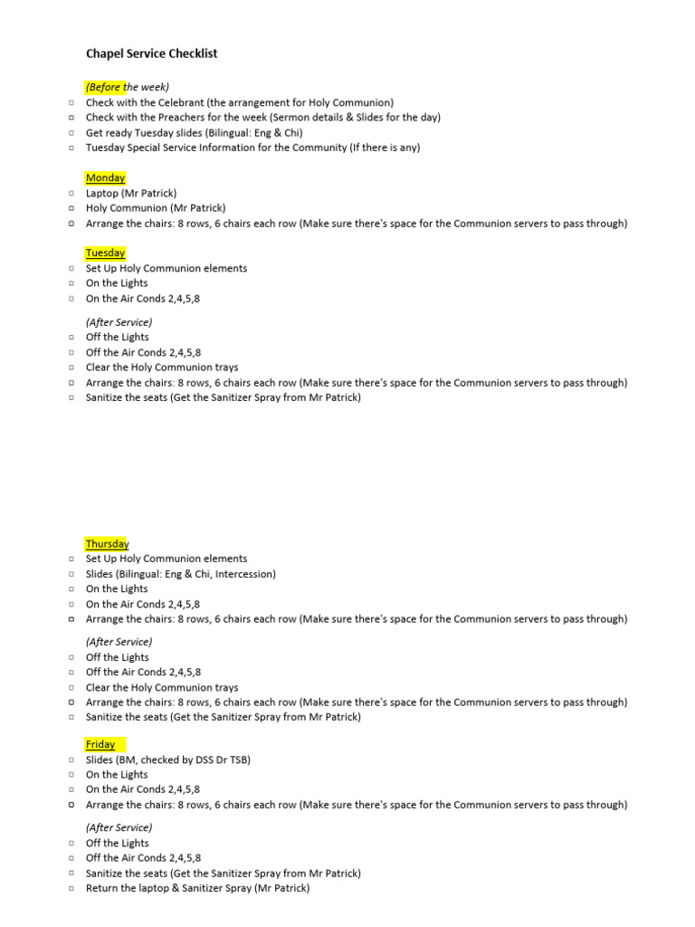 Chapel Service Preparation Checklist | PDF