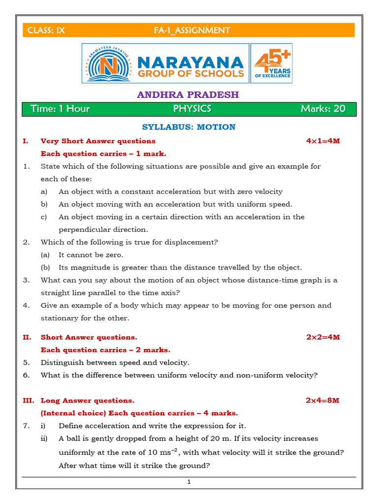 AP Class-Ix Physics Fa-1 Assignment 20240802 194824 | PDF | Velocity | Speed