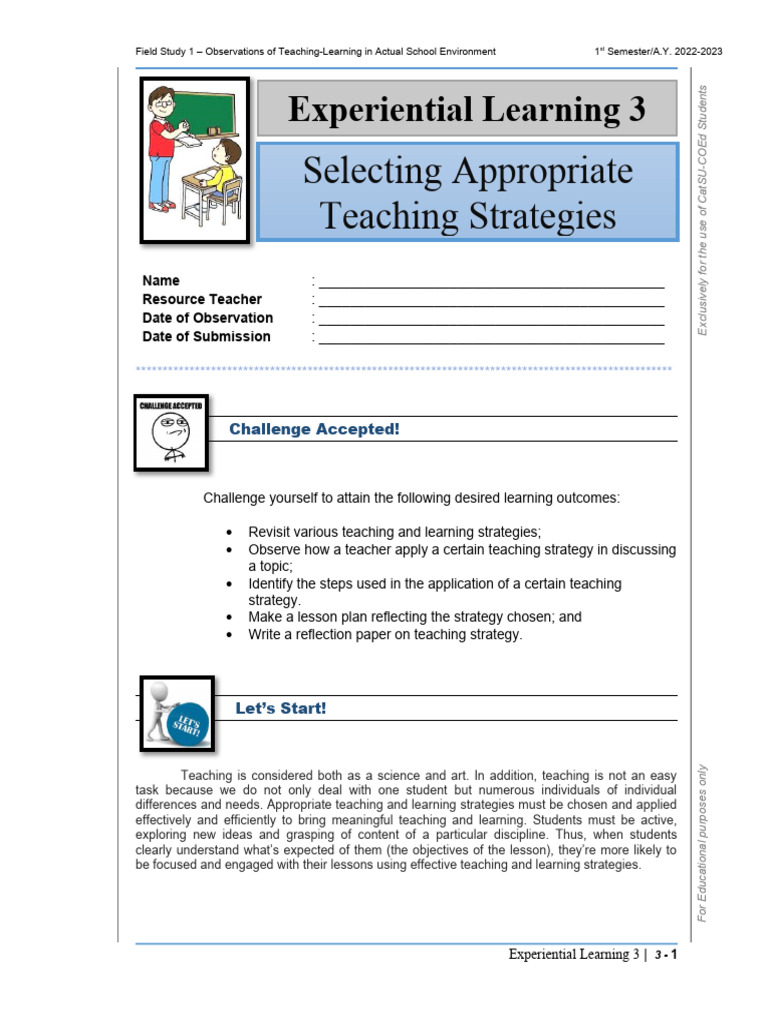 Teaching Strategies Observation Guide | PDF | Learning | Lesson Plan