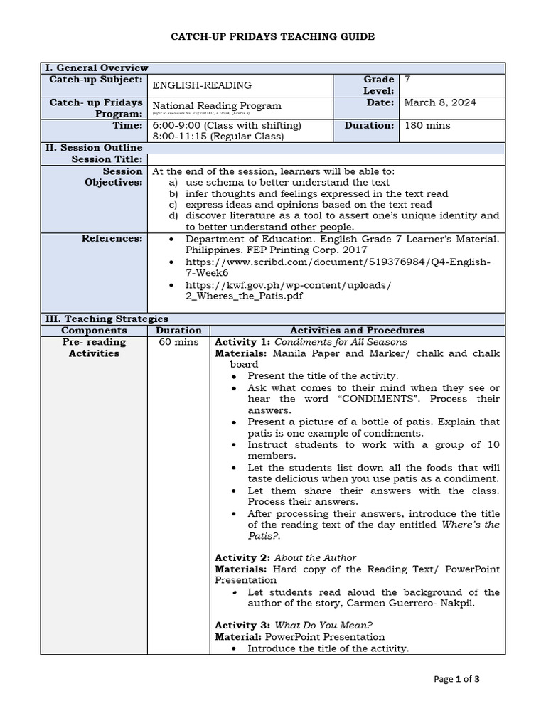 Teaching-Guide-Catch-Up-Fridays - Grade 7-English | PDF | Cognition | Cognitive Science