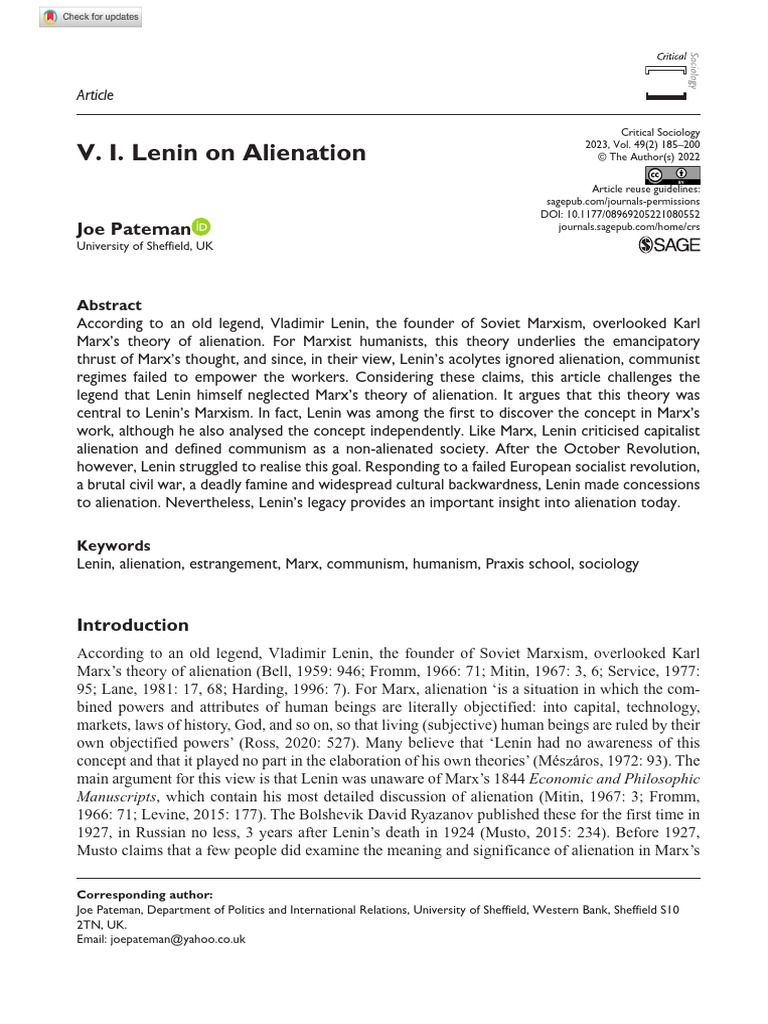 Pateman 2022 V I Lenin On Alienation | PDF | Marxism | Marx's Theory Of Alienation