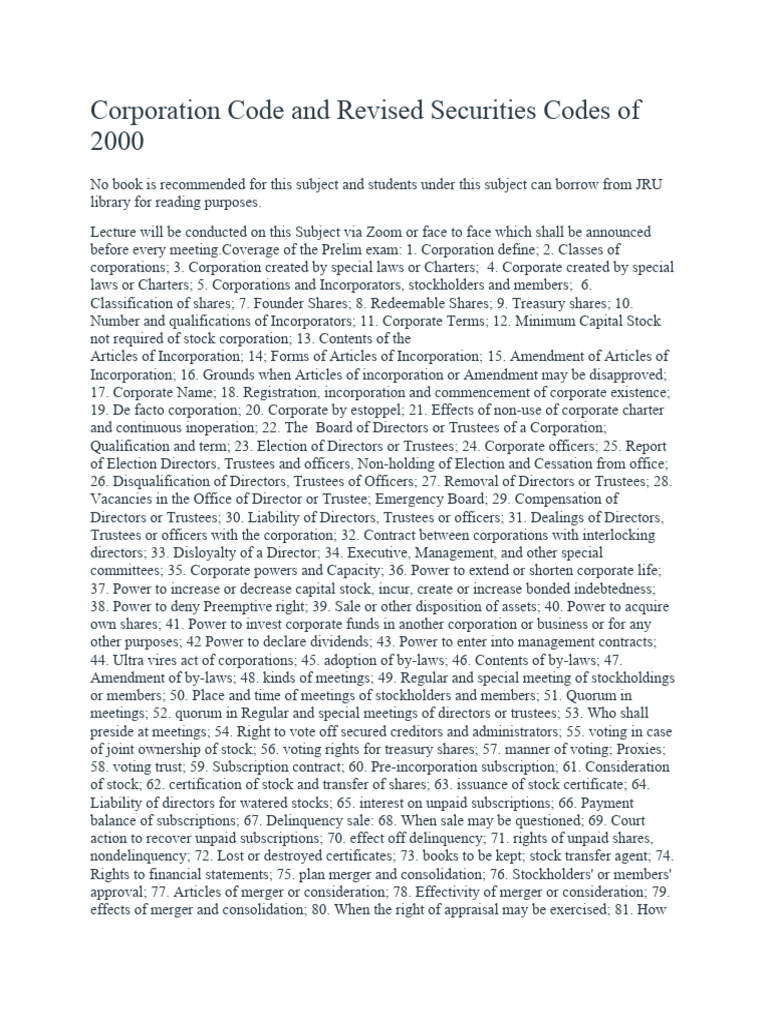 Corporation Code and Revised Securities Codes | PDF | Corporations | Stocks
