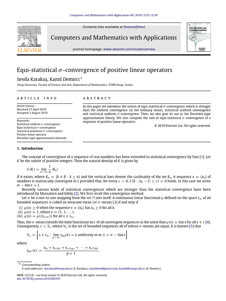 15 Equi Statistical Σ Convergence Of Positive Linear Operators Pdf