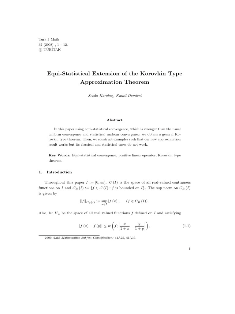 Equi-Statistical Extension of The Korovkin Type Approximation Theorem ...