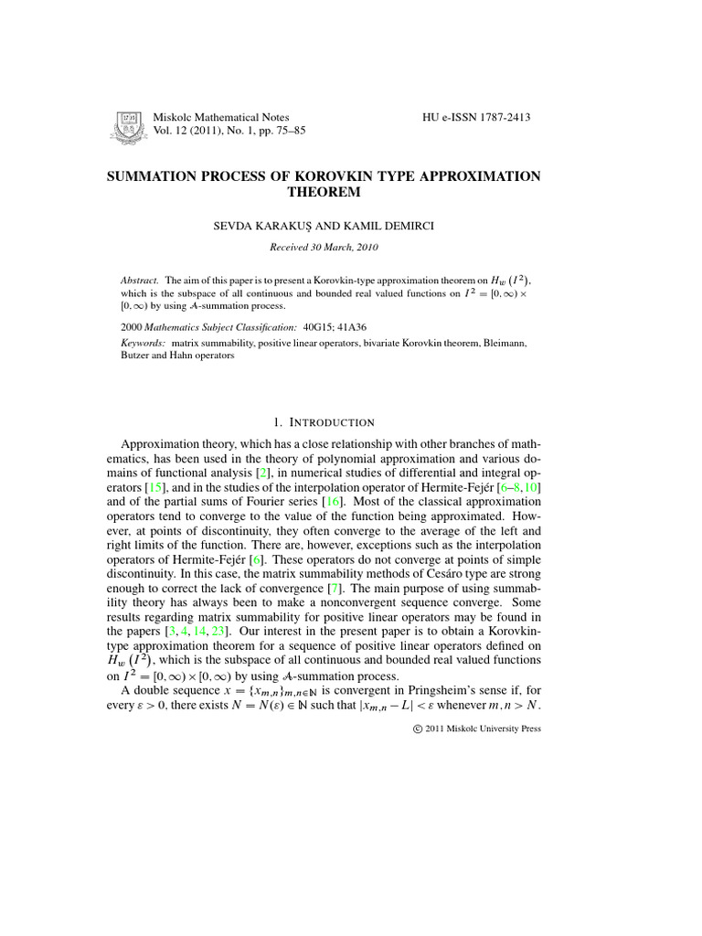 Summation Process Of Korovkin Type Approximation Theorem Pdf Matrix Mathematics Sequence