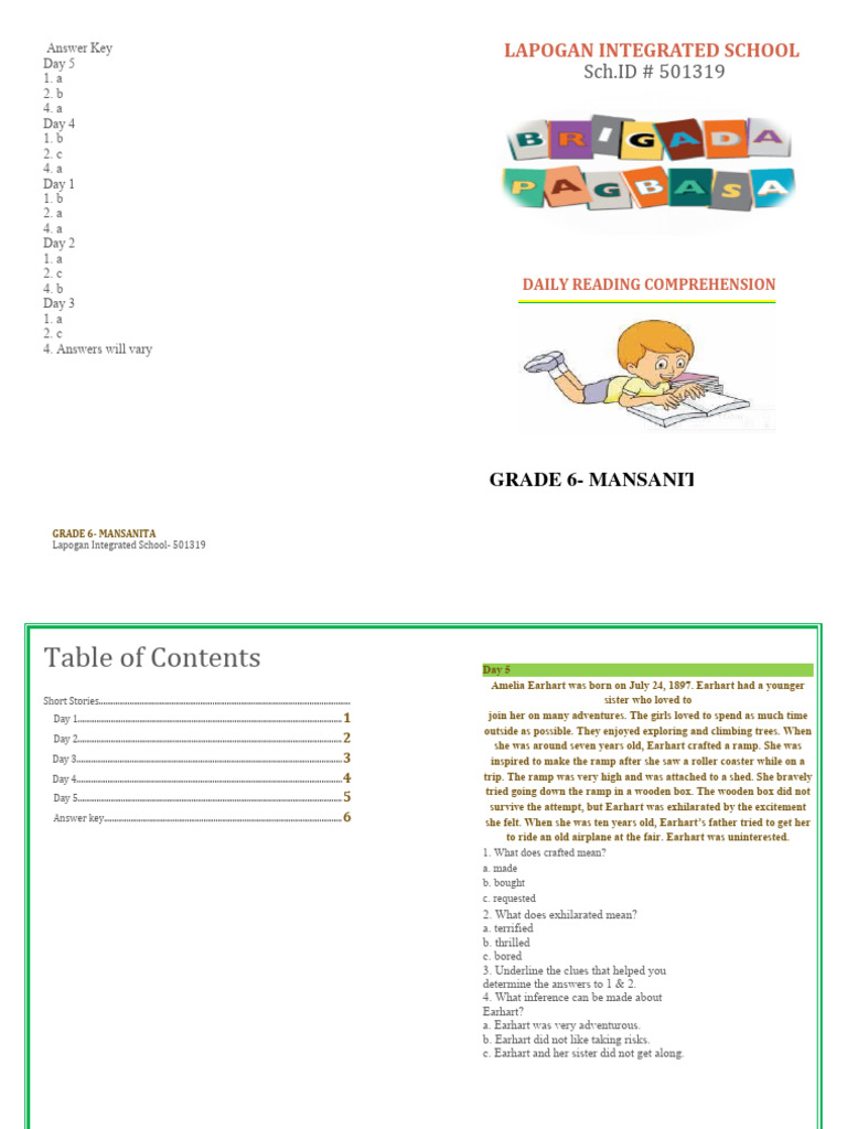 Grade 6 Reading Comprehension Answers | PDF