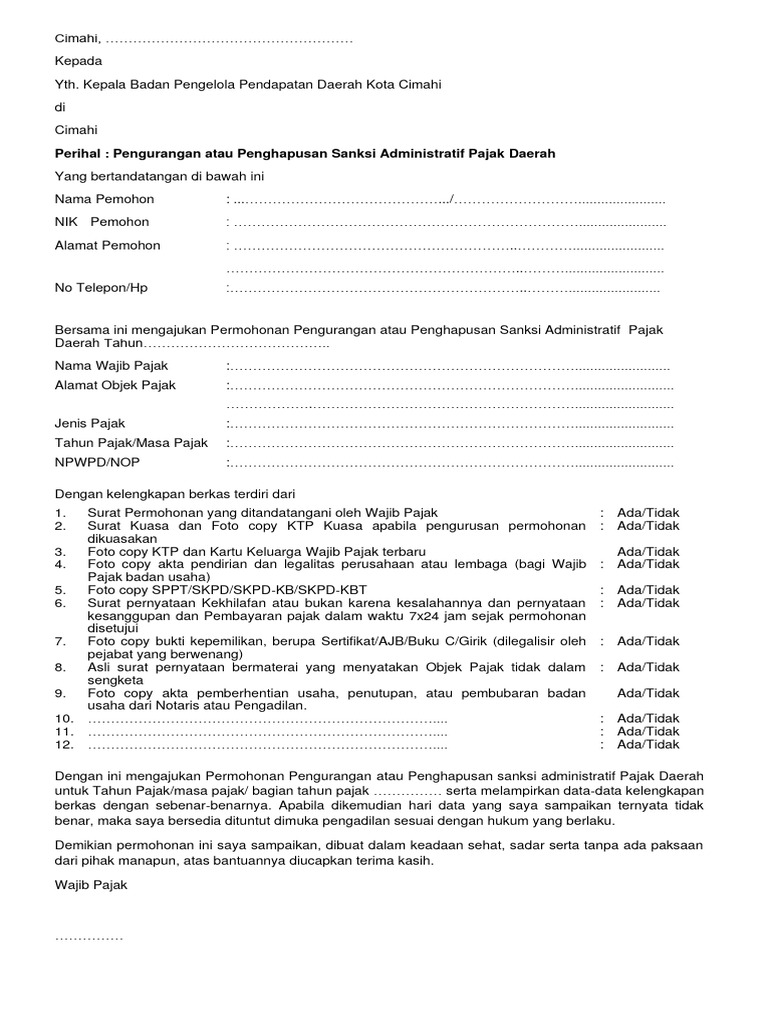 Form Pengurangan Atau Penghapusan Sanksi Administratif Pajak Daerah | PDF | Hukum