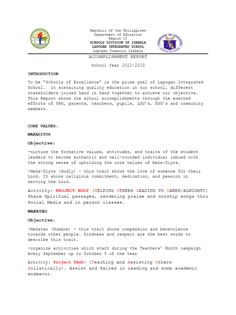 Lapogan Integrated School Accomplishments 2023 | PDF | Love | Social ...