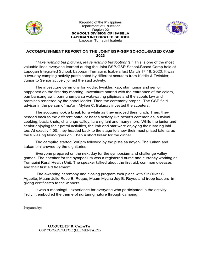 BSP-GSP School Camp Report 2023 | PDF | Scouting | Youth Organizations