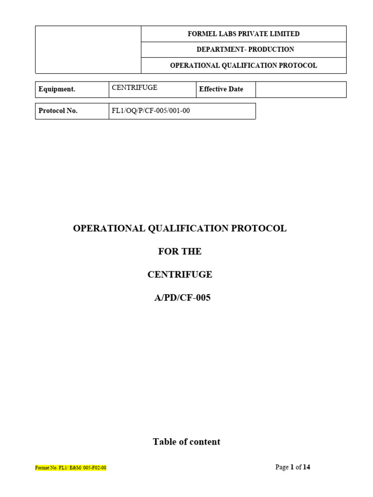 CF-002 OQ Protocol | PDF | Centrifuge | Mechanical Engineering