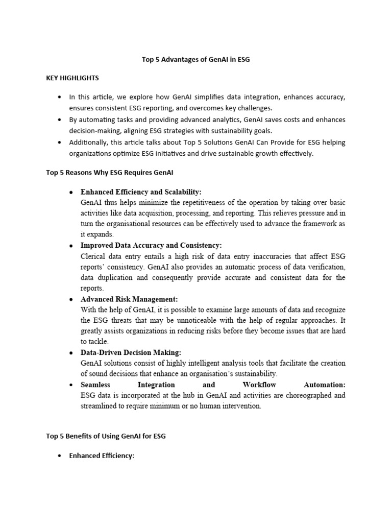 Top 5 Advantages of GenAI in ESG1 | PDF | Analytics | Risk Management