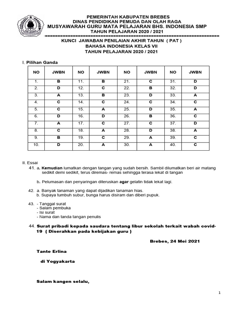 Kunci Jawaban Pat BHS Indo KLS Vii Sem Genap TP 2020 - 2021 | PDF