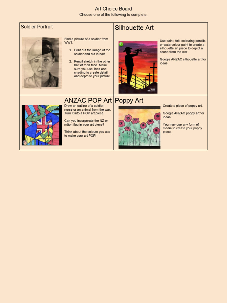 ANZAC Art Choice Board | PDF | Art