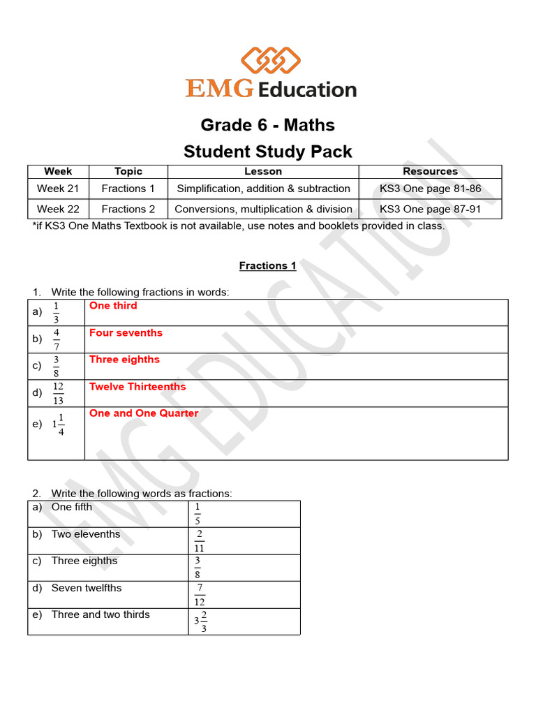 Grade 6 Maths Study Pack 2 Fractions + Answers | PDF | Elementary ...