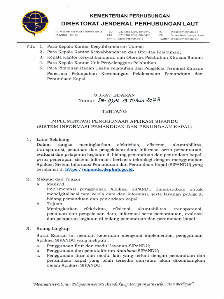 SE Dirjen Hubla No 13 Tahun 2023 Tentang Implementasi Penggunaan ...