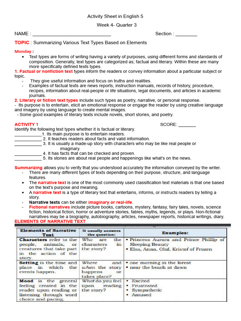 Activity Sheet in English 5 Week 4 q3 1 | PDF | Poetry | Narrative