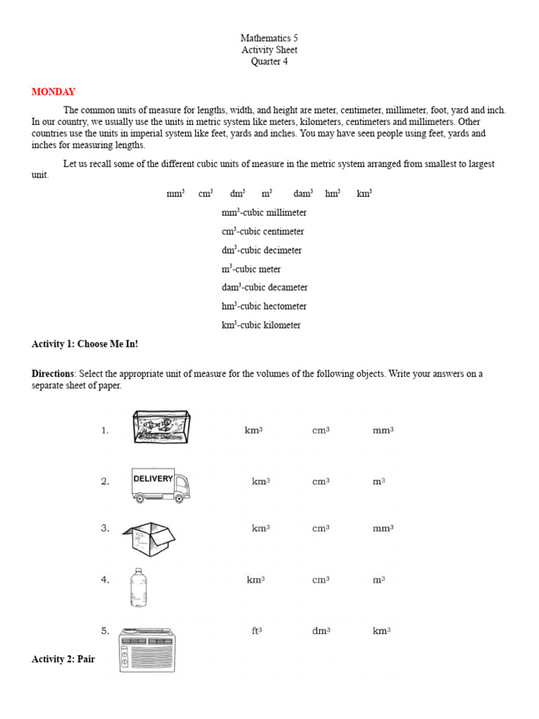 Activity Sheet Math 5 Q4 Weeks 4-8 | PDF | Thermometer | Foot (Unit)