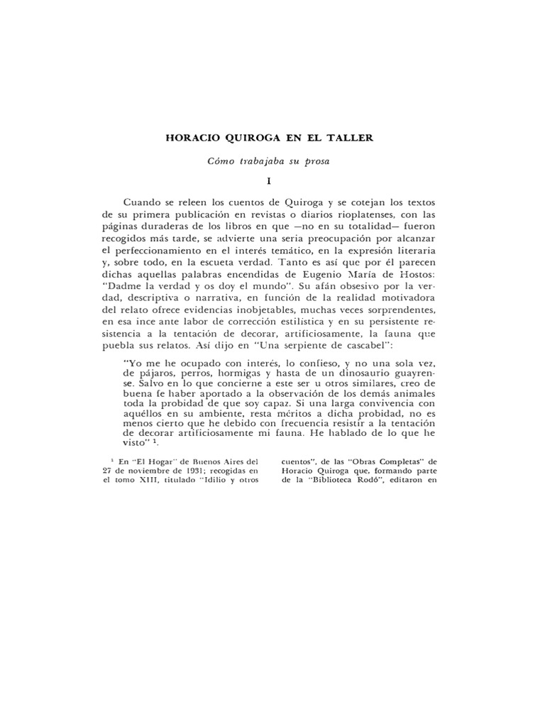 Horacio Quiroga en El Taller: Cómo Trabajaba Su Prosa | PDF | Ficción ...