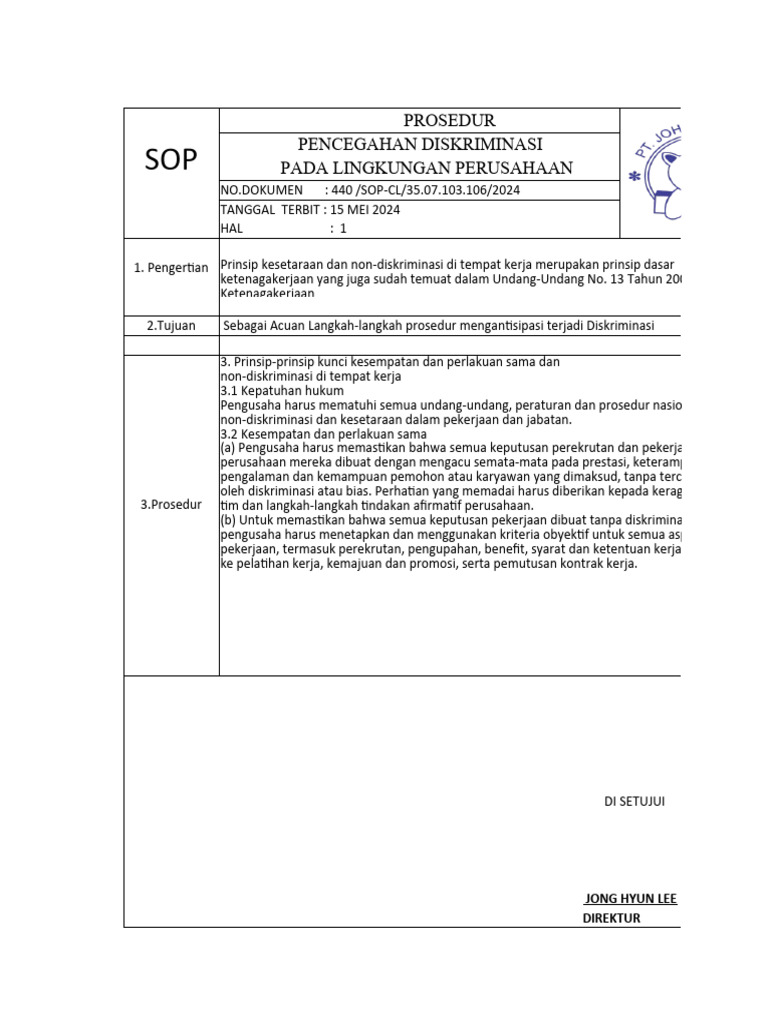 SOP Pencegahan Diskriminasi Kerja | PDF