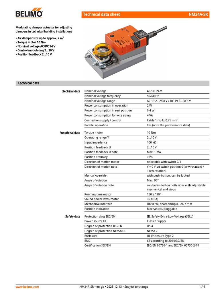 Belimo - NM24A-SR - Datasheet - en For Motorised | PDF | Switch | Actuator