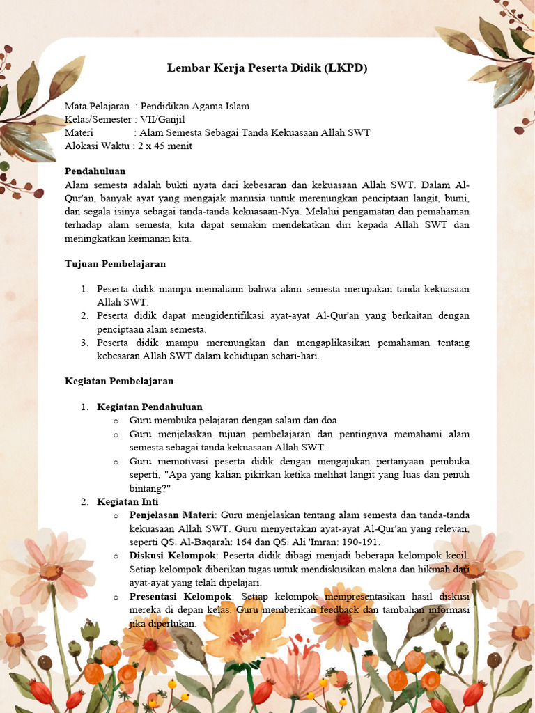 LKPD Pai Kelas 7 SMTR 2 | PDF