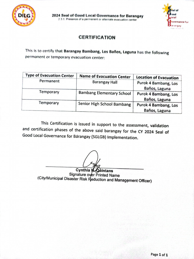 2.3.1 Evac Center Certification | PDF