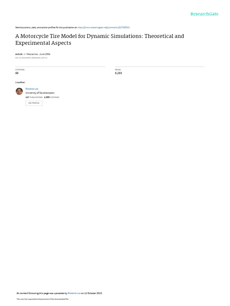 A Motorcycle Tire Model For Dynamic Simulations TH | PDF | Force | Elasticity (Physics)