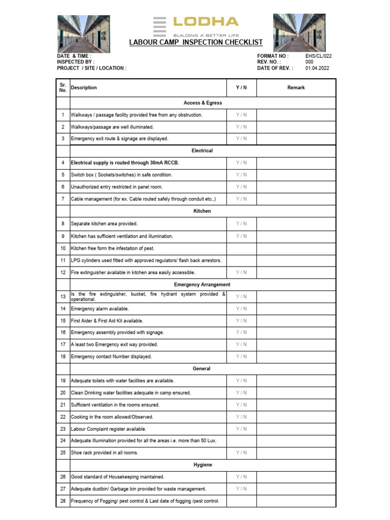 EHS-CL-022 - Labour Camp Inspection Checklist | PDF | Safety