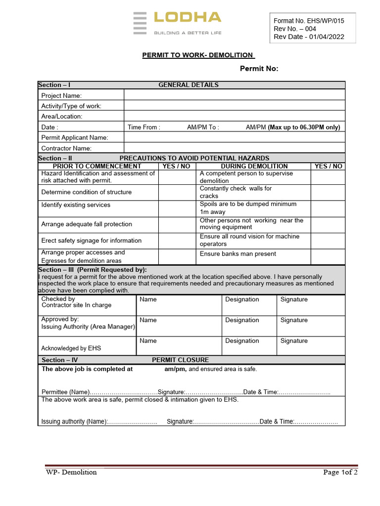 Demolition Work Permit Template | PDF | Safety | Occupational Safety ...