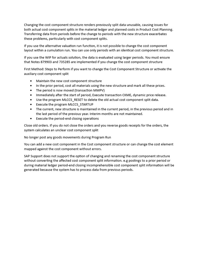 Cost Component Structure Changes in SAP | PDF