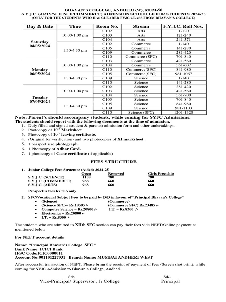 Syjc Admission Time Table For Students 2024 25 | PDF | Banking ...