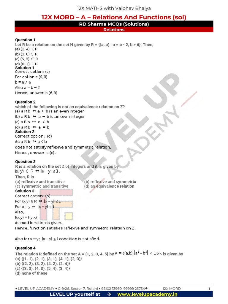 12X MORD - A - Relations and Functions (Sol) | PDF | Mathematics ...