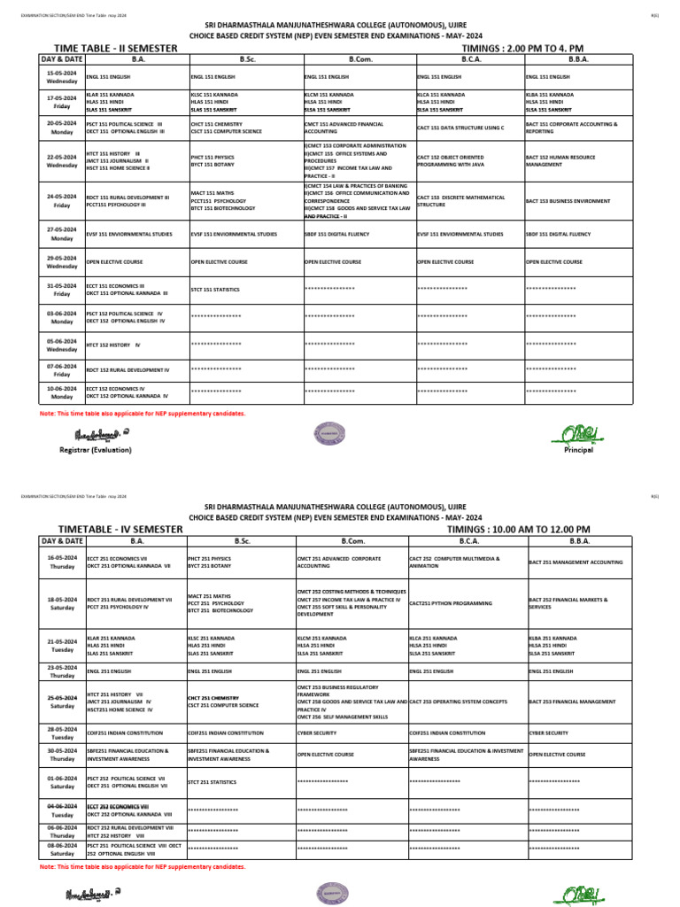 UG SEM END Time Table May 2024 | PDF