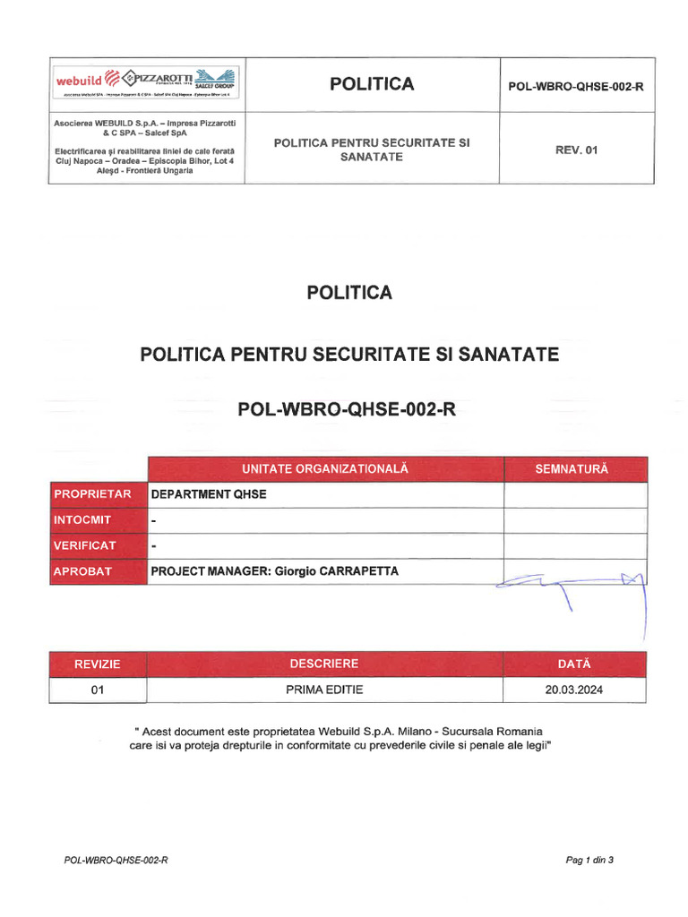 POL-WBRO-QHSE-002-R - Politica Sanatate Si Securitate | PDF