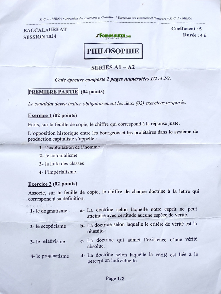 Sujet Bac 2024 Philosophie Serie A2 | PDF