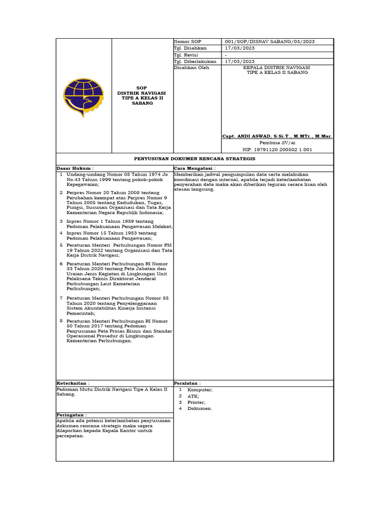 001 SOP DISNAV SABANG 03 2023 Penyusunan Dokumen RENSTRA | PDF