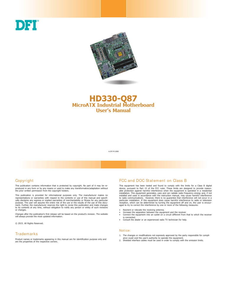 DFI HD330 Q87 MicroATX Manual | PDF | Usb | Electrostatic Discharge